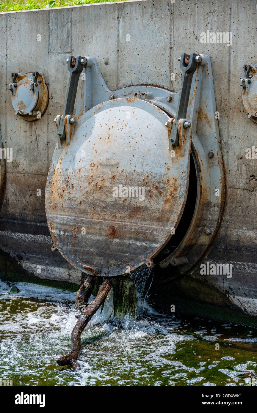Heavy metal flood control gate discharging into a waterbody Stock Photo ...