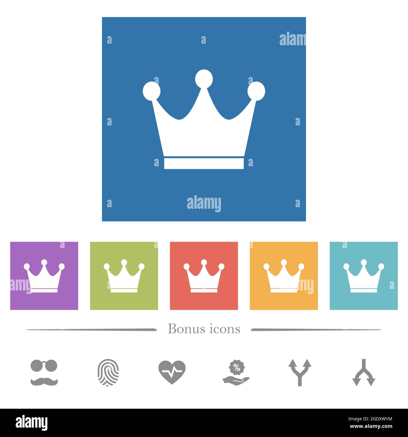 Crown solid flat white icons in square backgrounds. 6 bonus icons ...