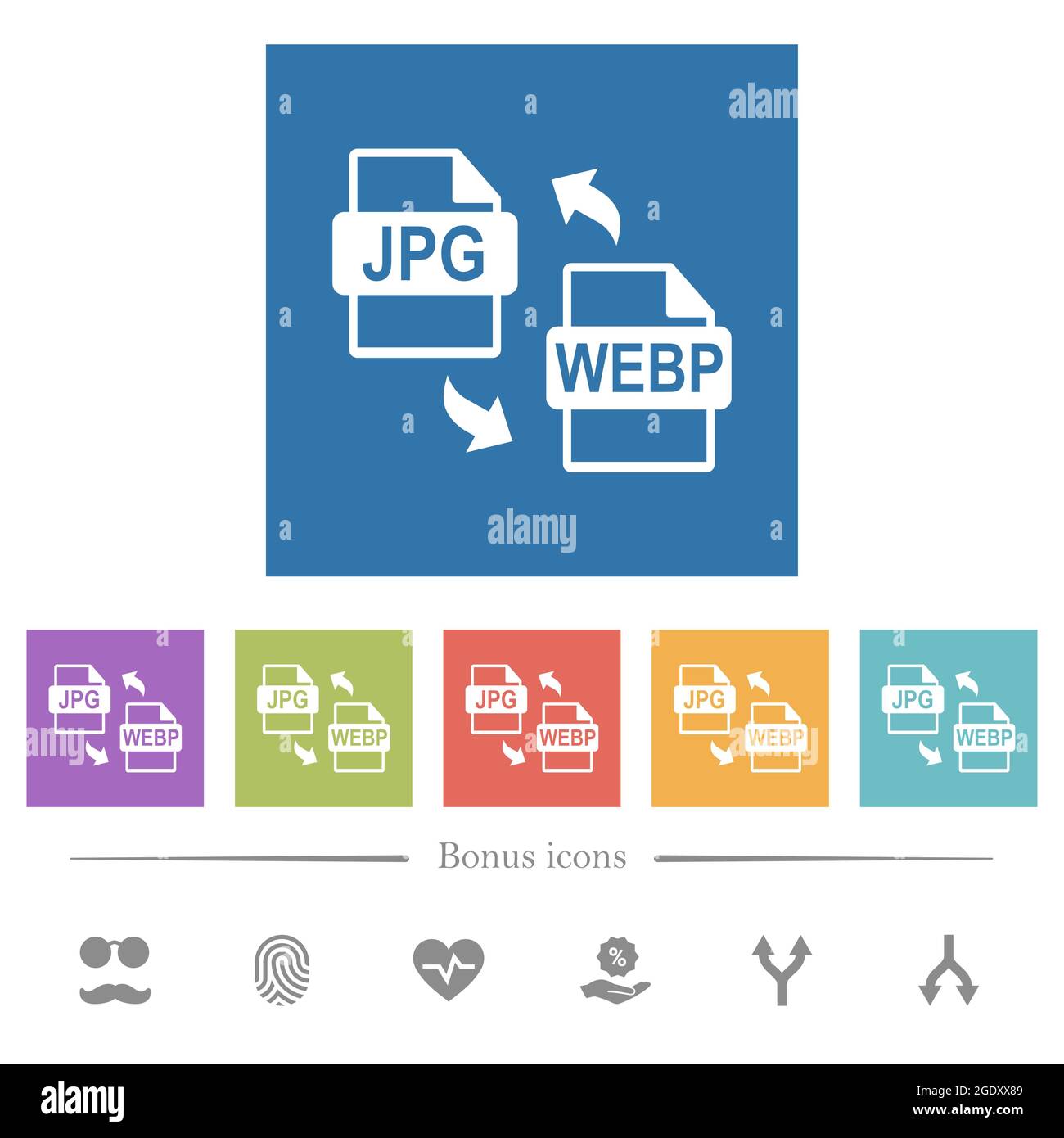 JPG WEBP file conversion flat white icons in square backgrounds. 6 ...