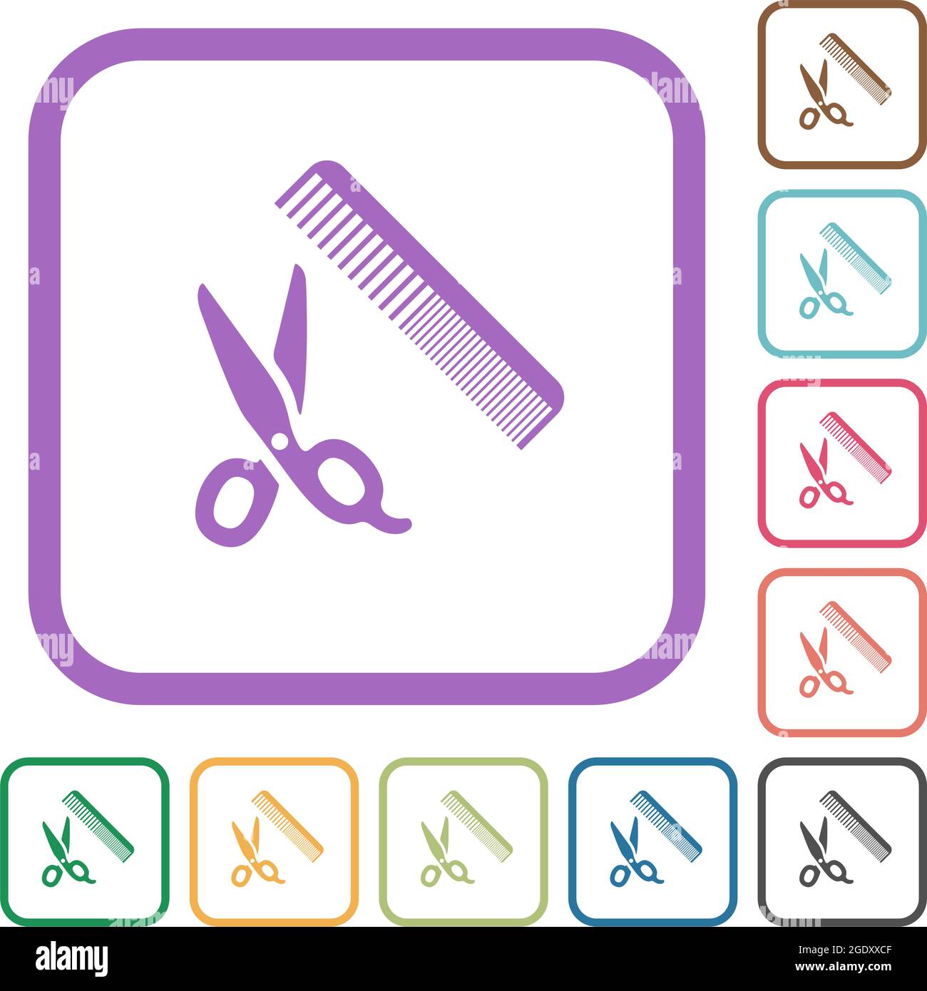 Comb and scissors simple icons in color rounded square frames on white ...