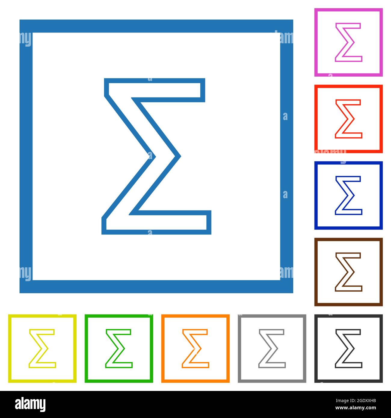 Sum symbol outline flat color icons in square frames on white ...