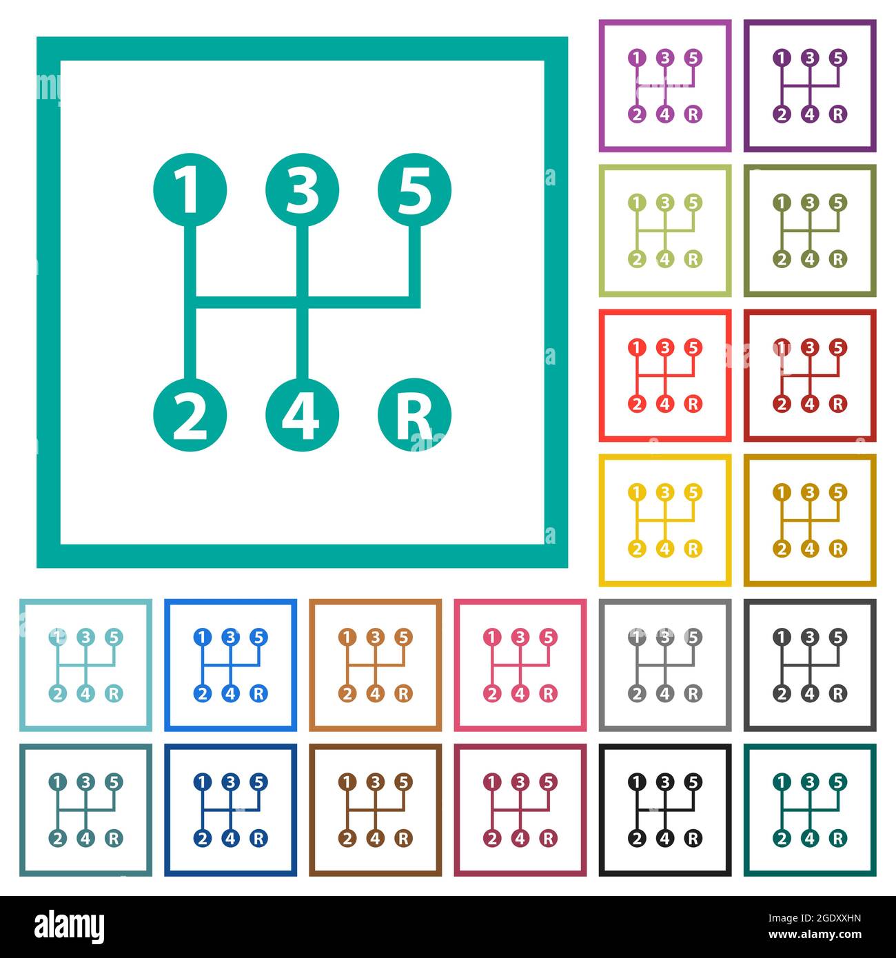 five speed manual gear shift flat color icons with quadrant frames on ...