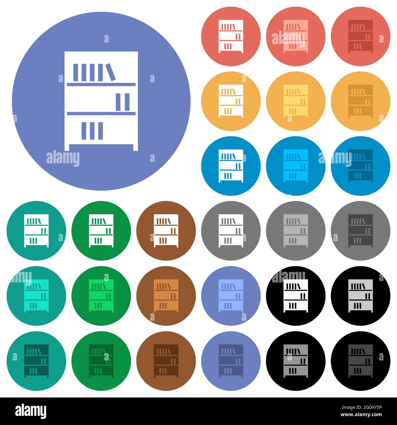 Bookshelf with books solid multi colored flat icons on round ...