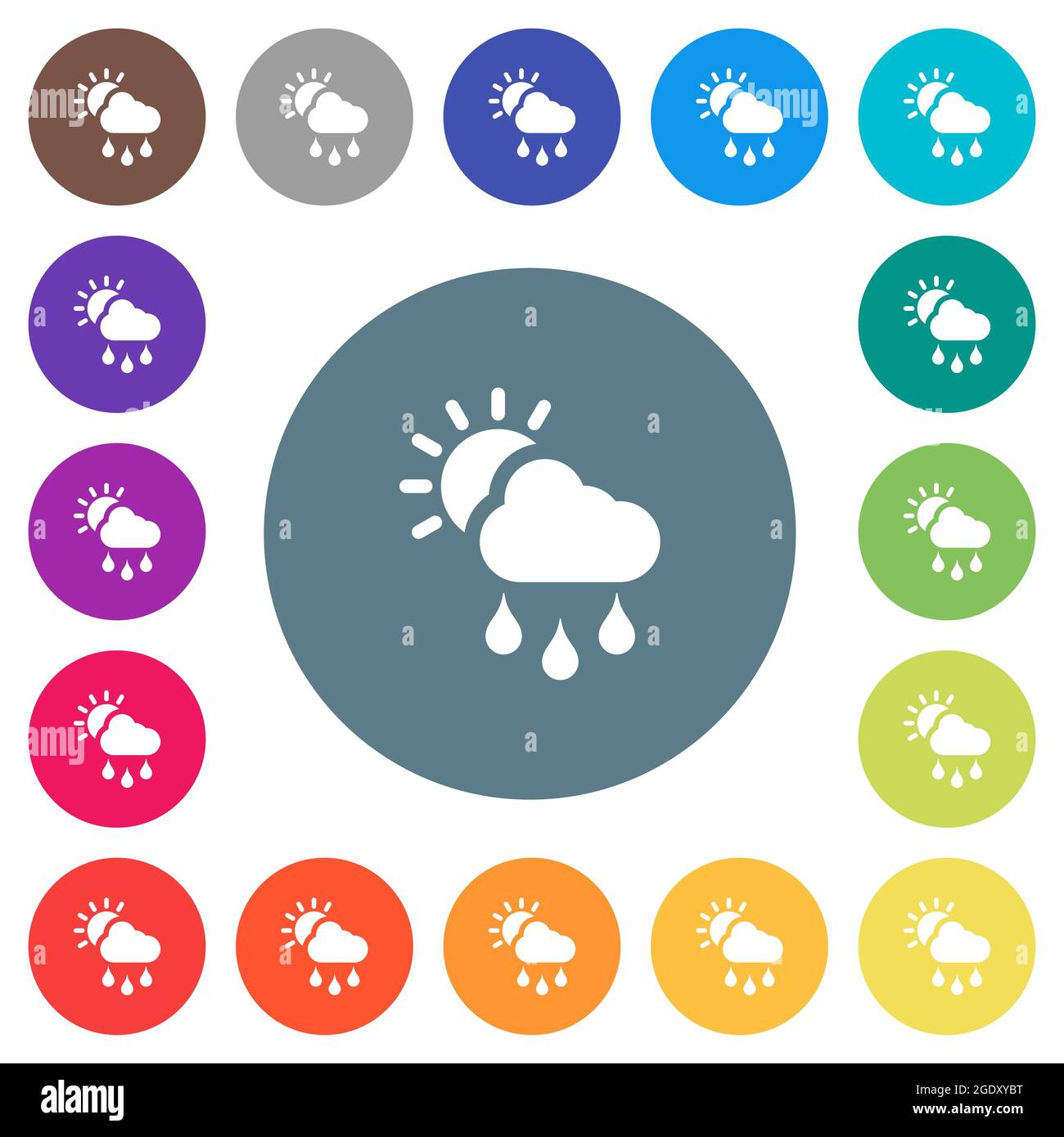 Sunny and rainy weather flat white icons on round color backgrounds. 17 ...