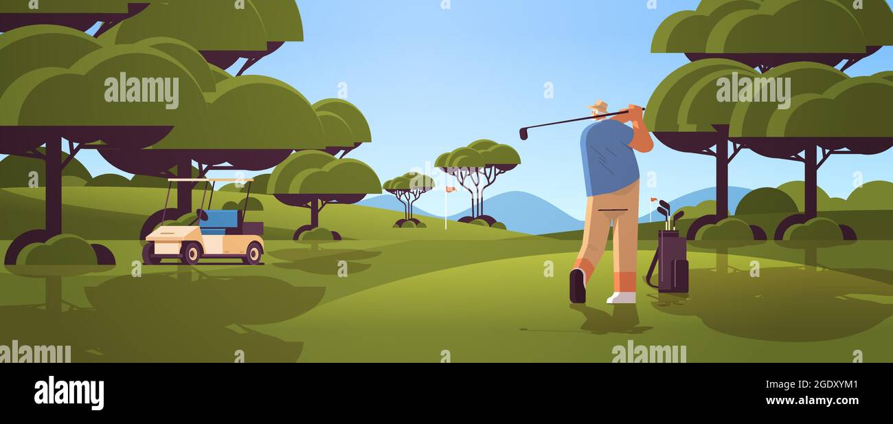 senior man playing golf on sunny green golf course aged player taking a ...