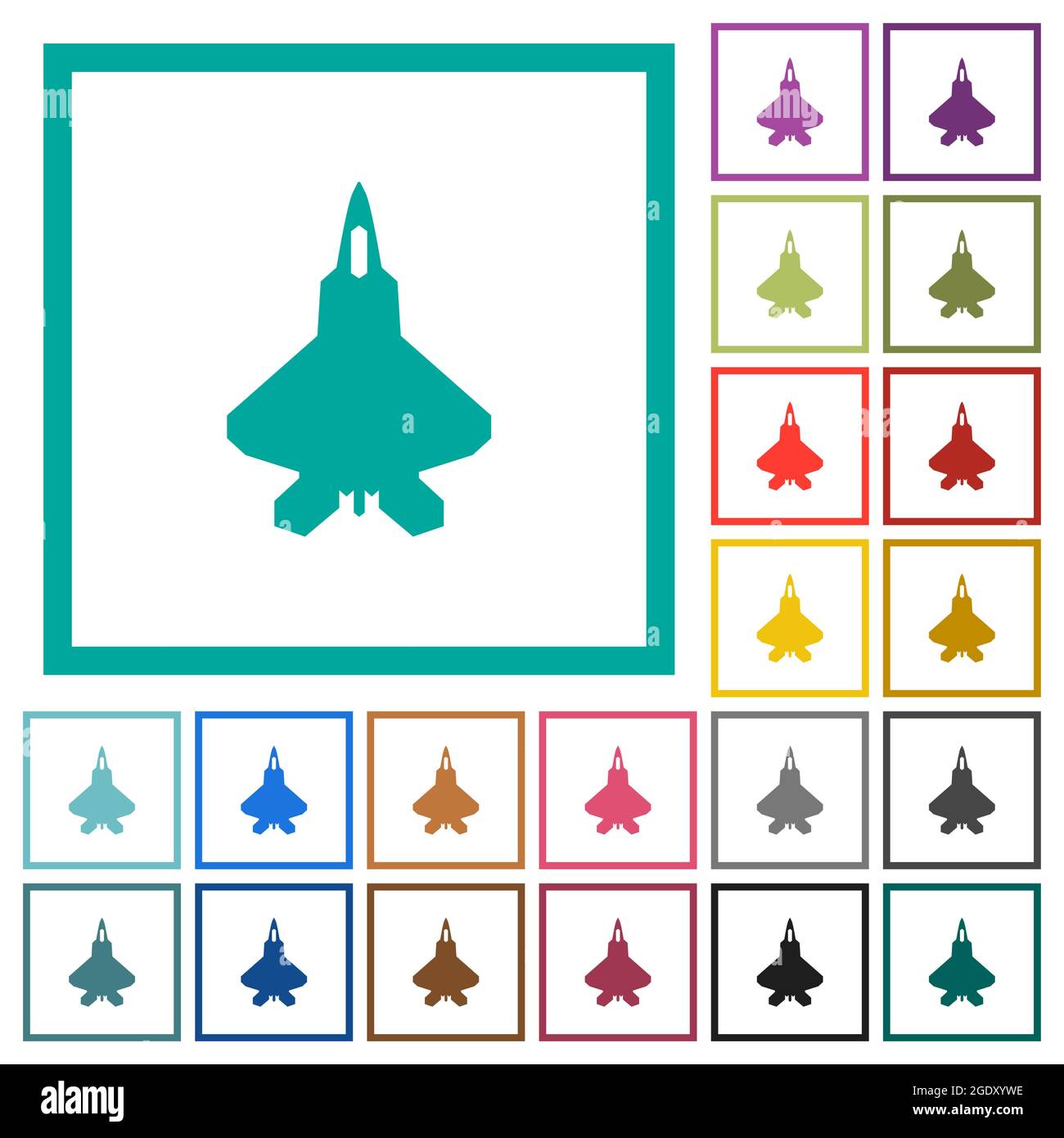 Jet fighter silhouette flat color icons with quadrant frames on white ...