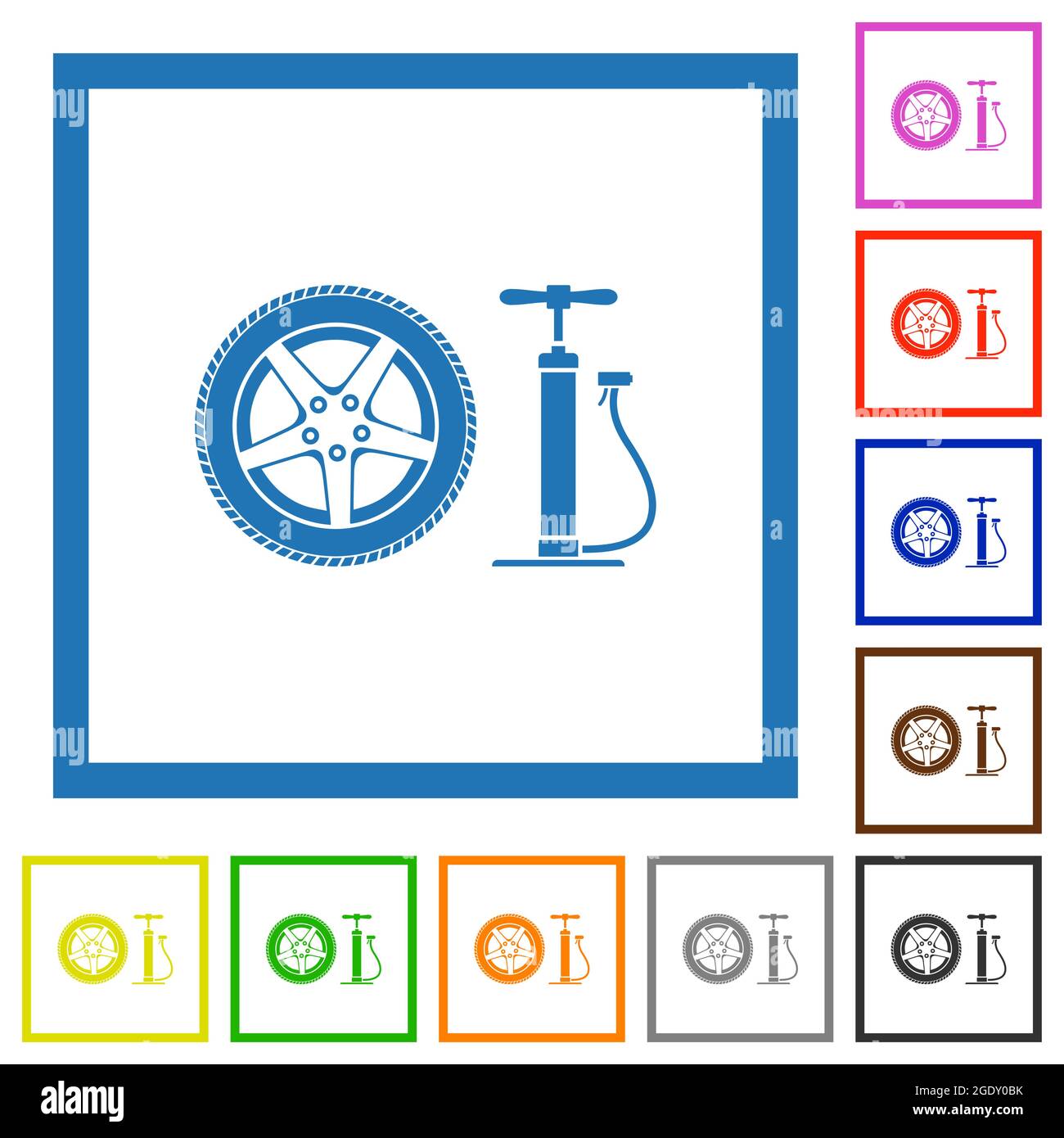Car wheel and pump flat color icons in square frames on white ...