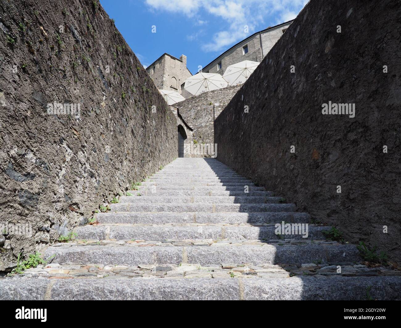 Medieval stairs of castel grande in european Bellinzona city in canton ...