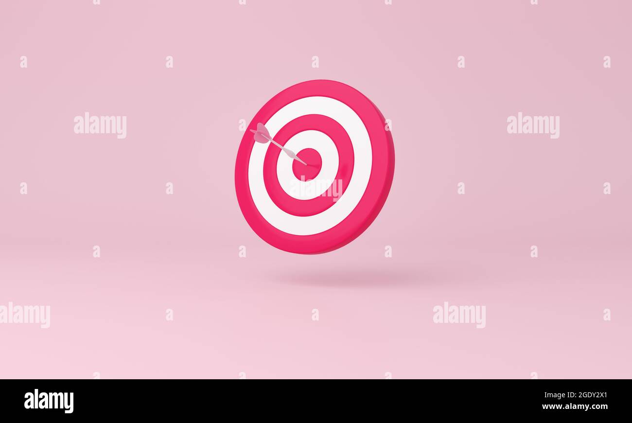 Dart hit the center of target on pink background. Business aiming at ...