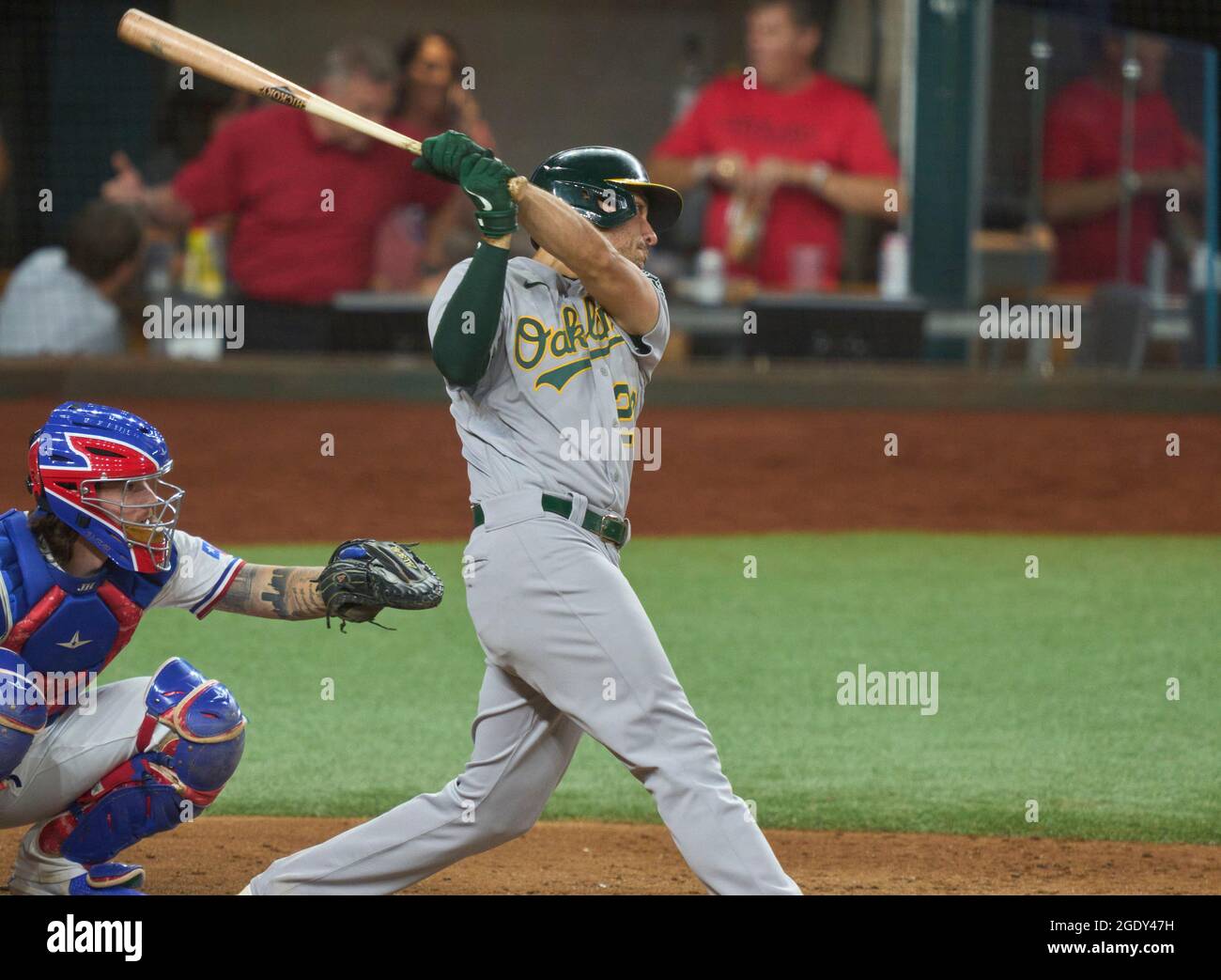 August 14 2021: Oakland first baseman Matt Olson (28) hits a home run ...