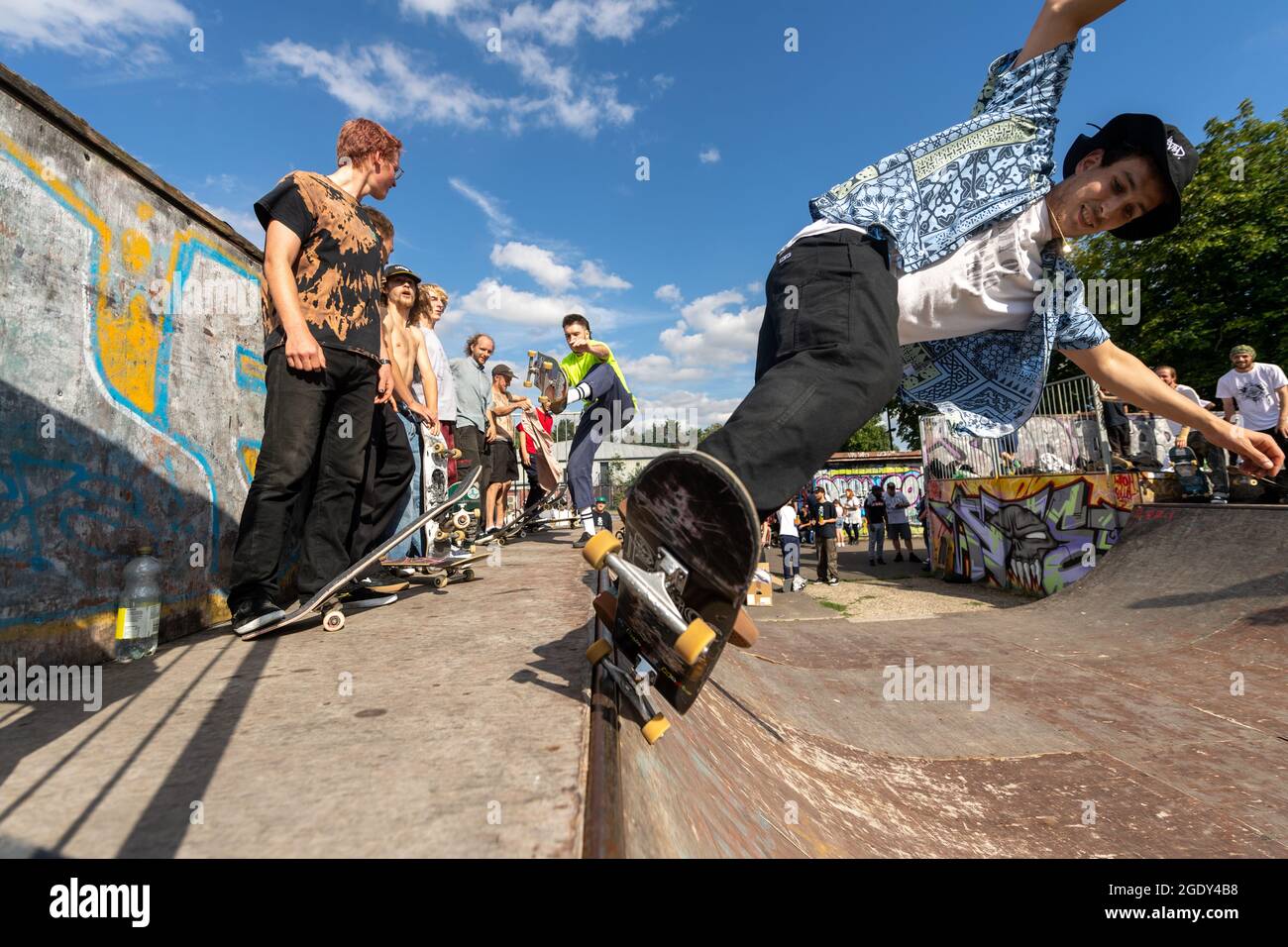 14/08/2021. London, UK. Skateboarders take part in the Harrow Skate ...