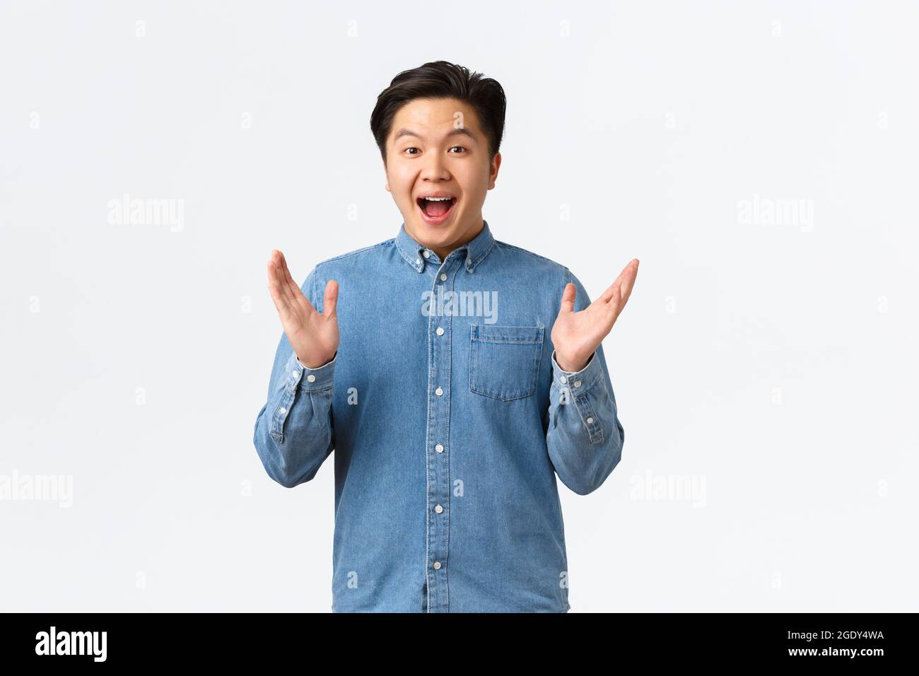 Happy Proud And Pleased Asian Male Clap Hands Cheerful Surprised Guy