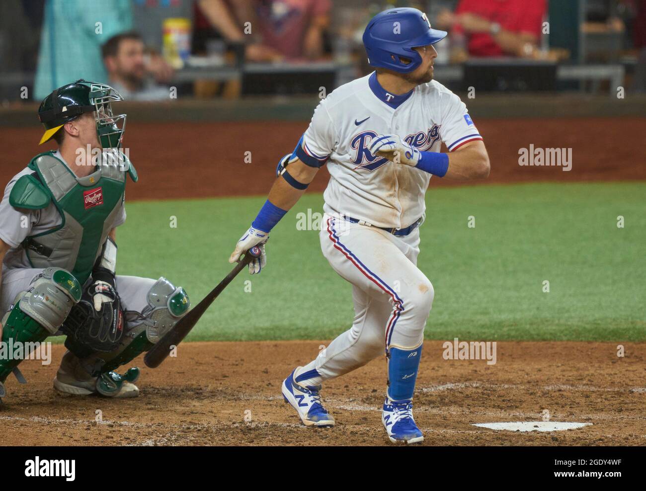 August 14 2021: Texas first baseman Nathaniel Lowe (30) in action ...