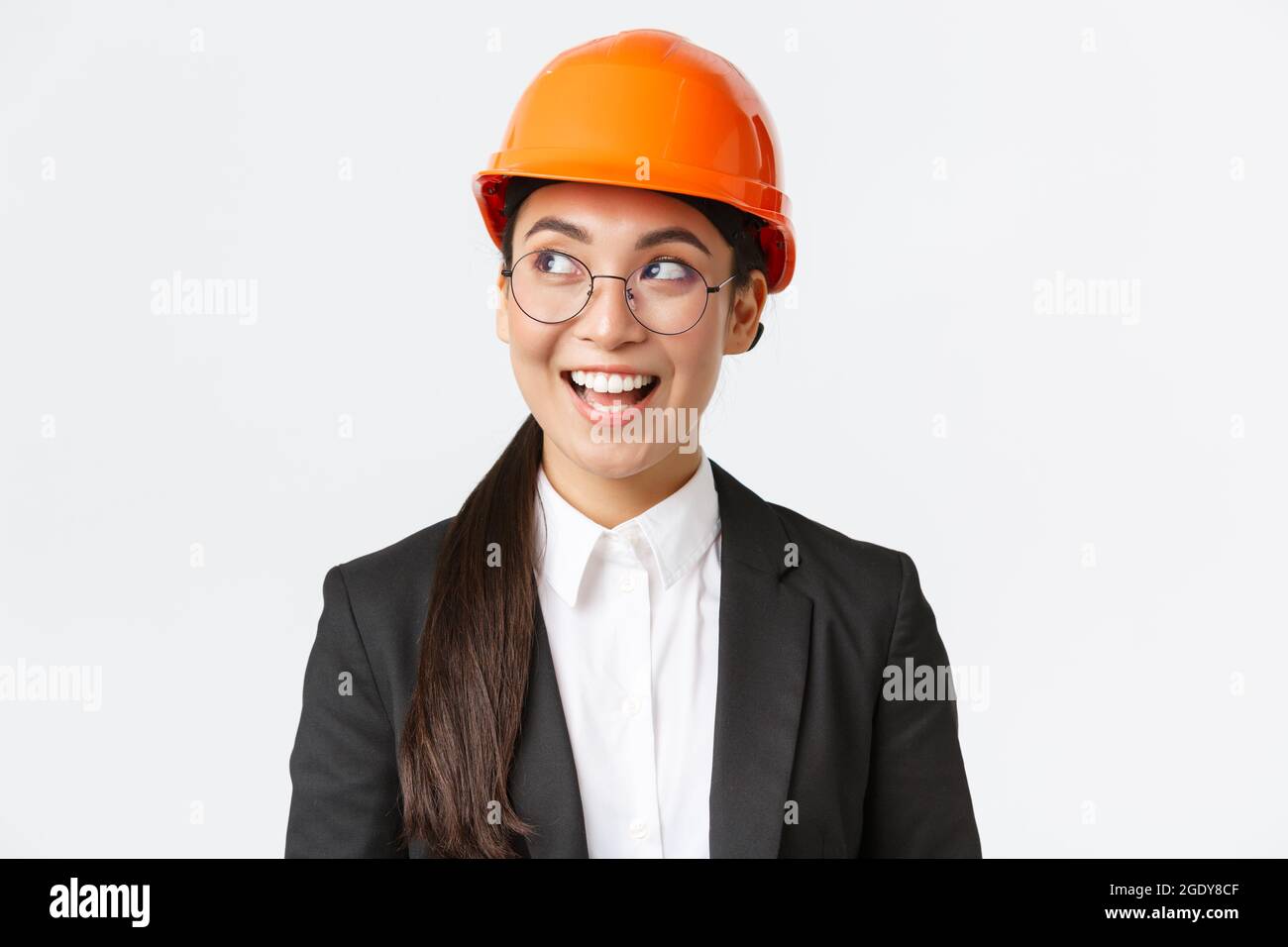 Close-up of creative asian female architect having interesting idea in ...