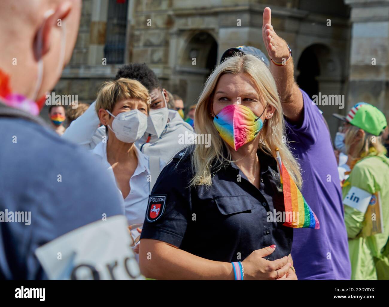 Braunschweig, Germany, August 14, 2021: Blonde policewoman with a face ...