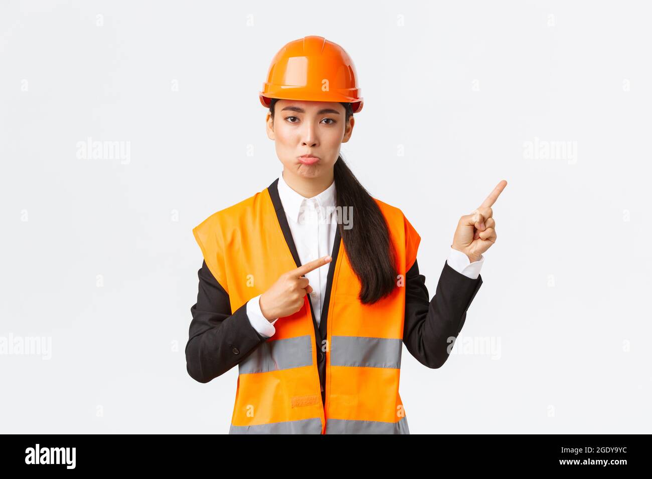 Building, construction and industrial concept. Upset and disappointed ...