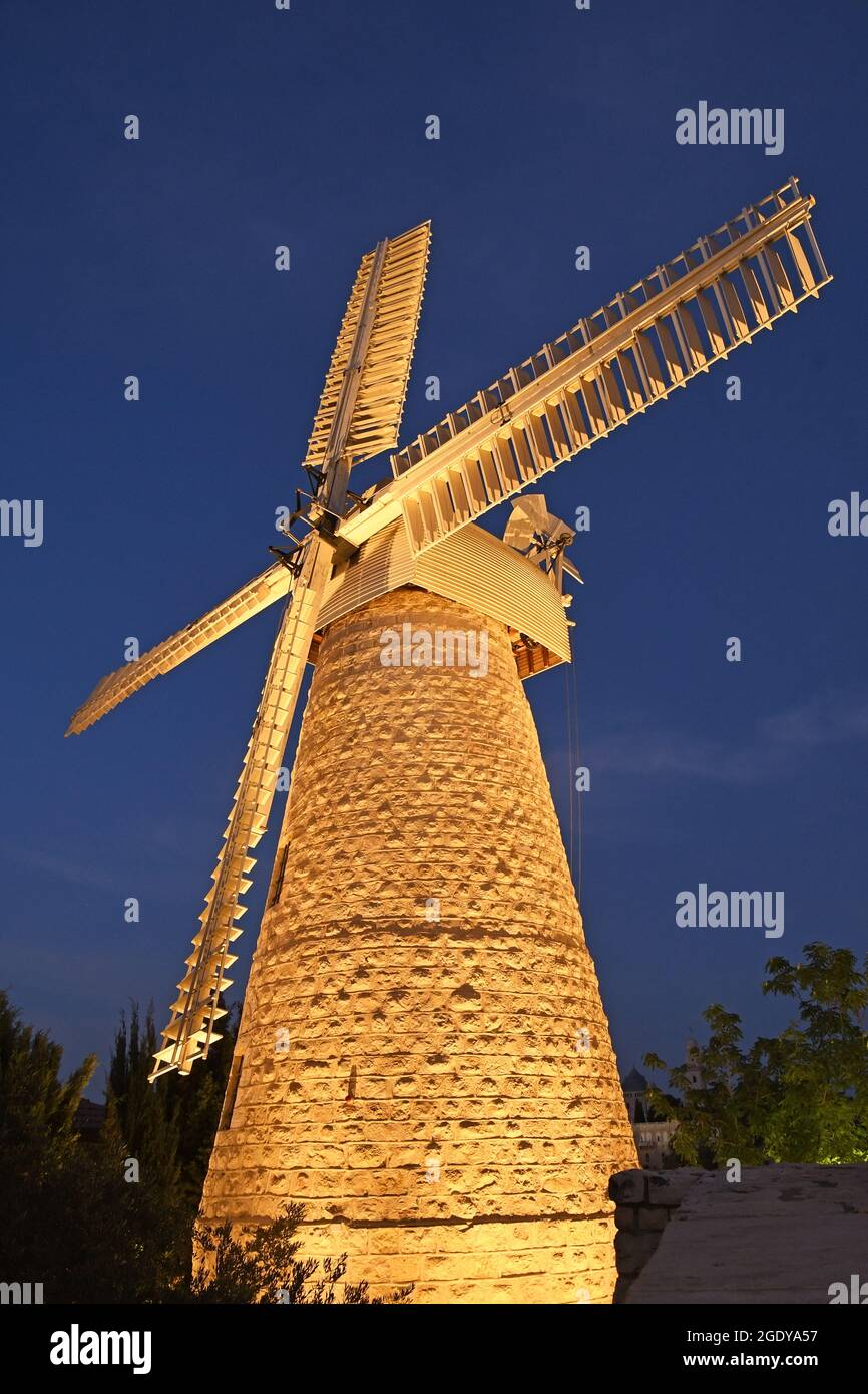 The famous Montefiore Windmill built in 1857,Jerusalem, Israel Stock ...