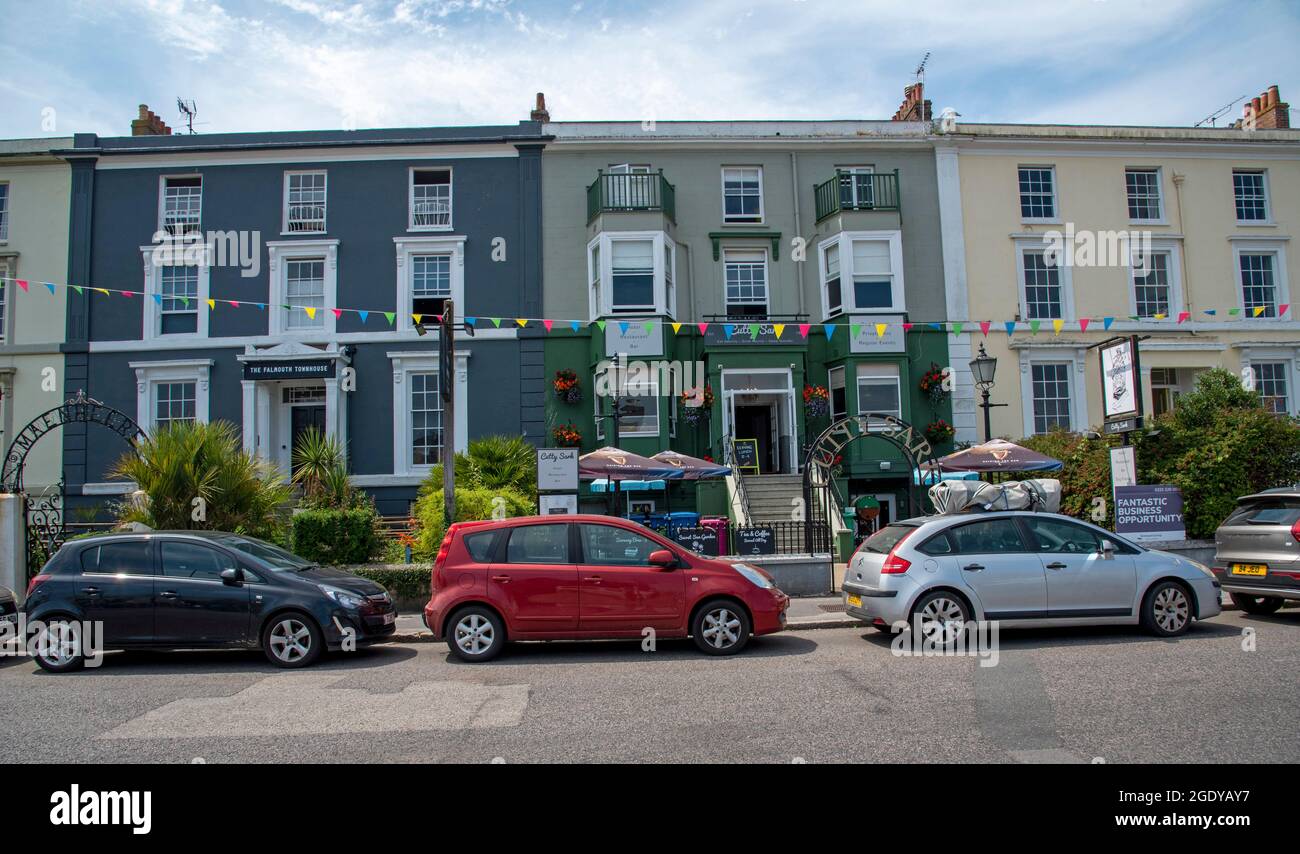 Falmouth, Cornwall, England, UK. 2021. Traditional buildings and parked ...