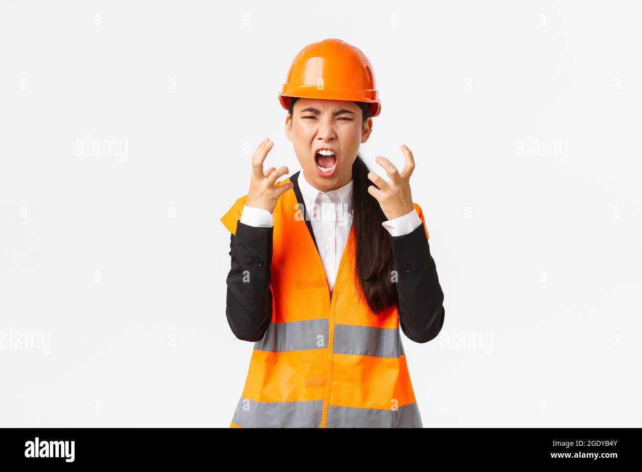 Mad and outraged asian female chief engineer, construction manager ...