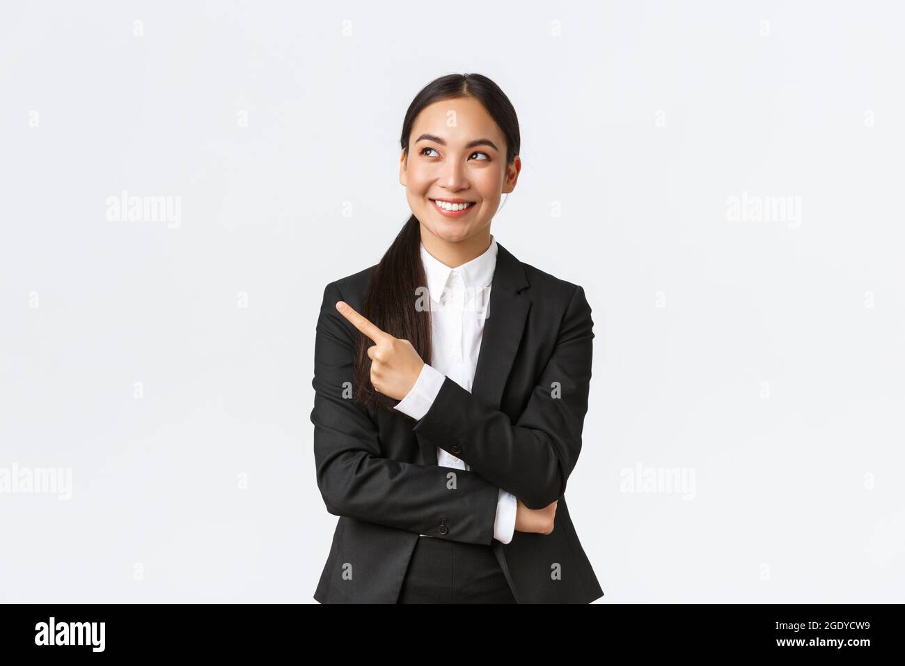 Successful upbeat smiling asian female manager, businesswoman in suit ...