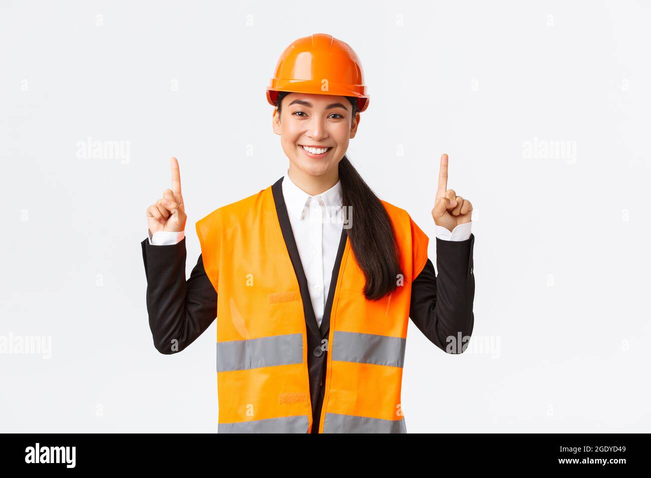 Building, construction and industrial concept. Happy smiling female ...