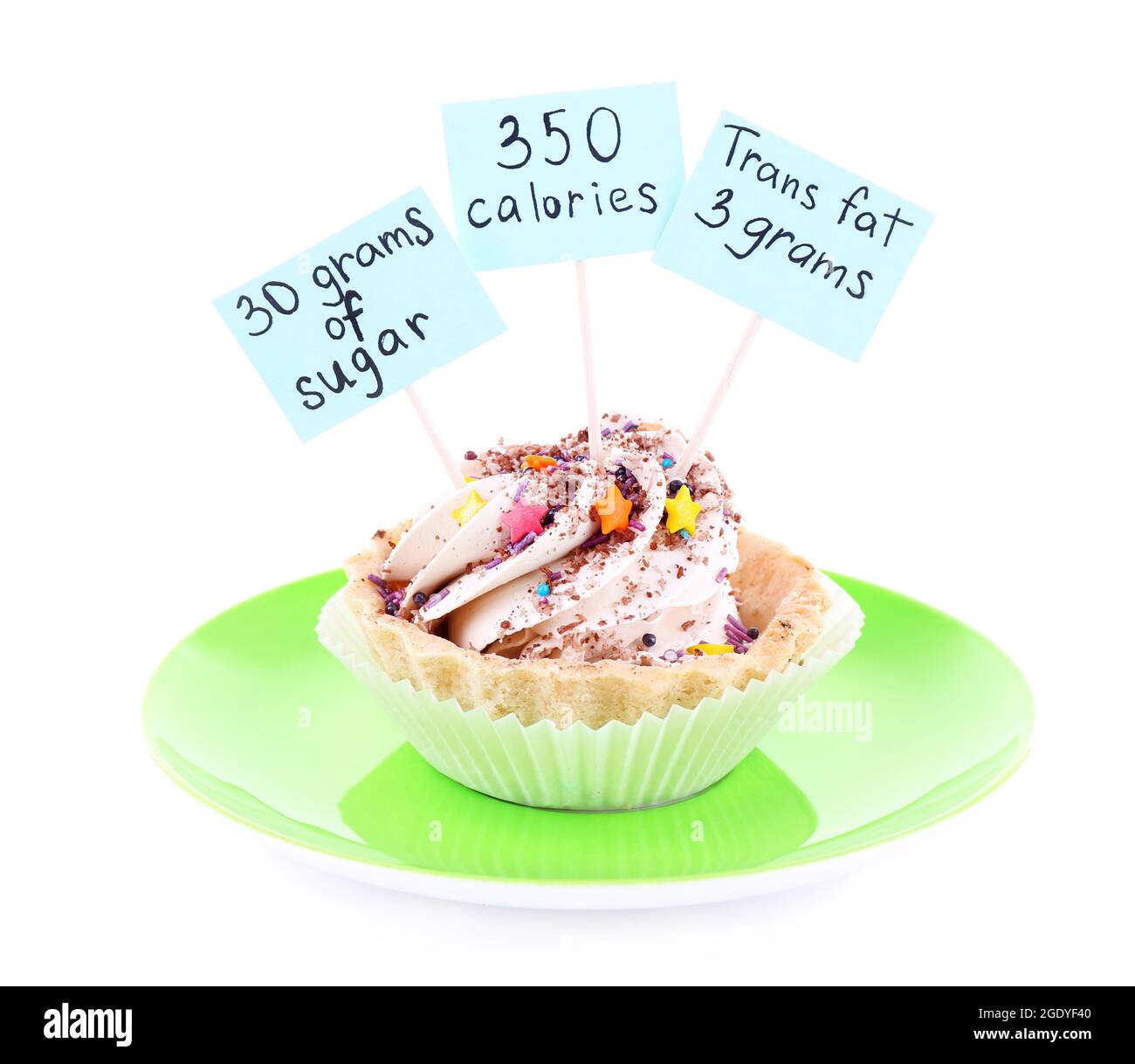 Delicious cake with calories count labels on color plate isolated on ...