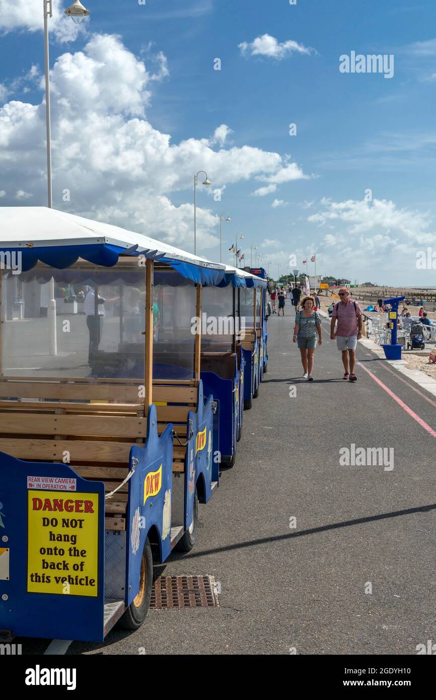 Novelty train on promenade of Littlehampton beach, West Sussex, UK ...