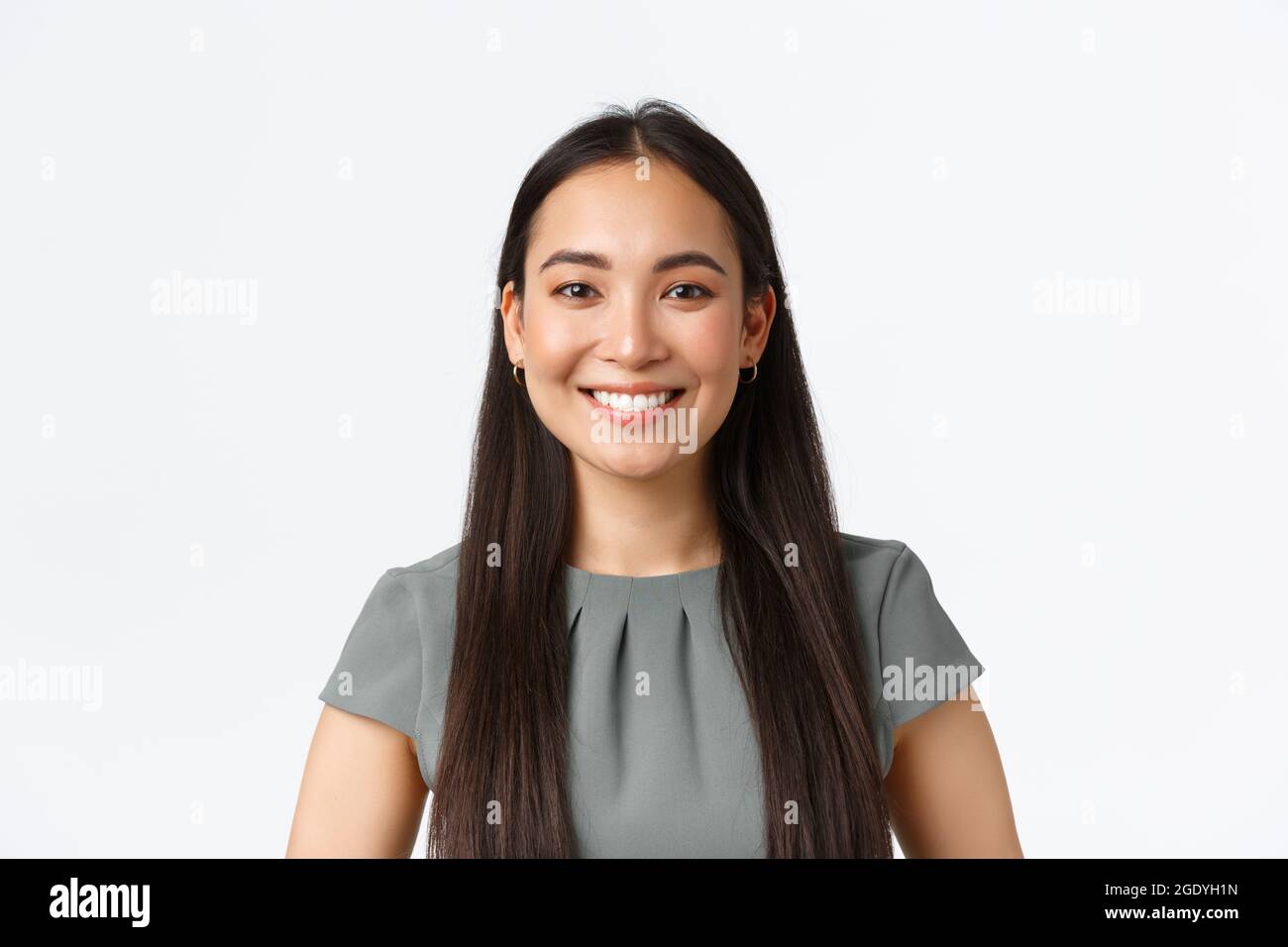 Close-up of successful happy businesswoman, asian female in dress ...