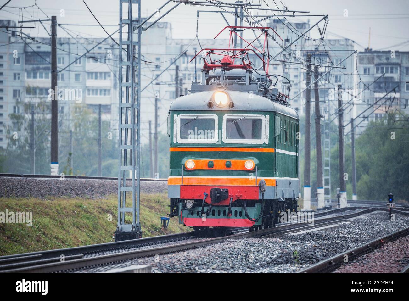 Passenger retro electric czech locomotive under the pouring rain Stock ...