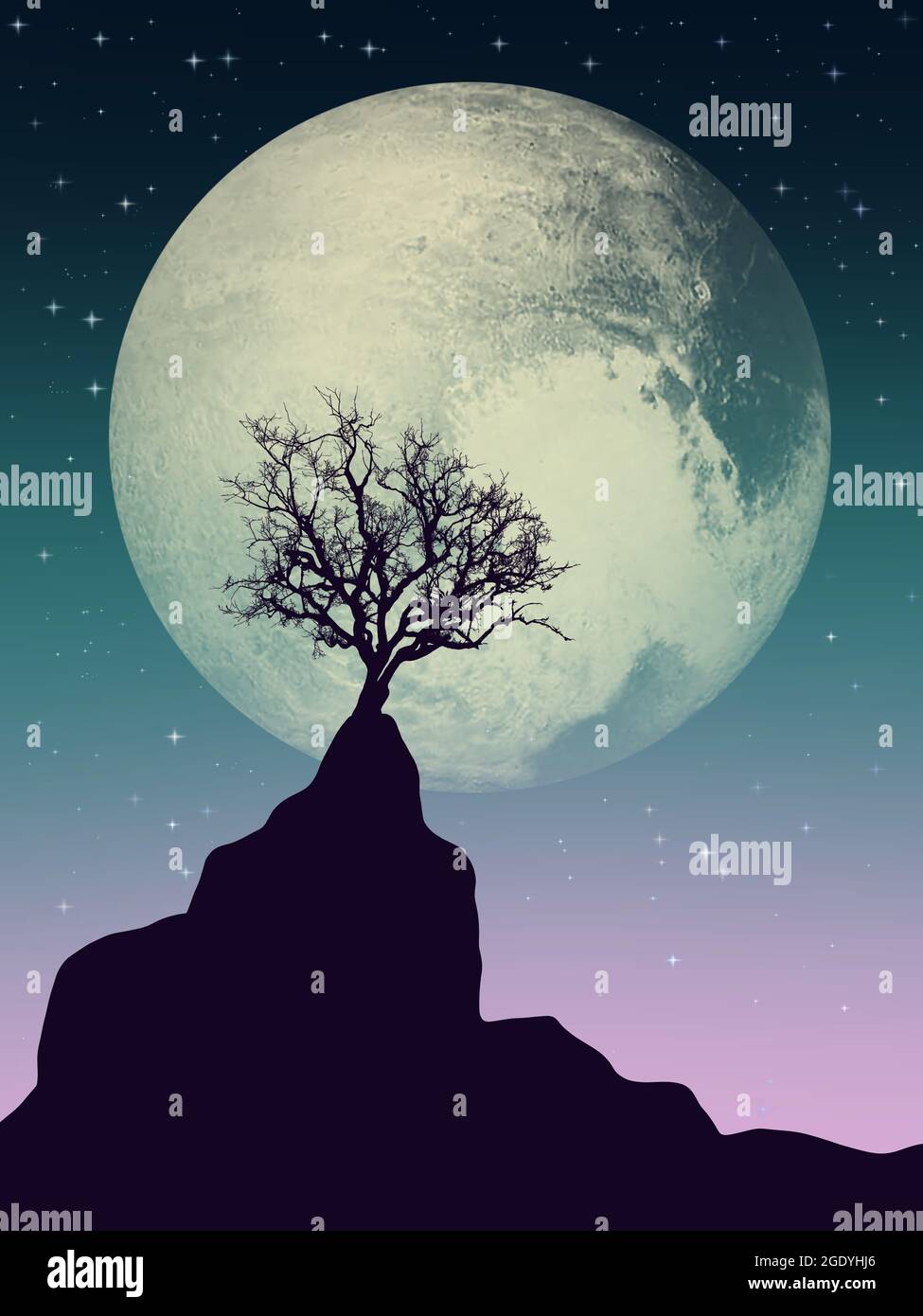 An illustration of a silhouette of a tree on the rocky cliff gleaming ...