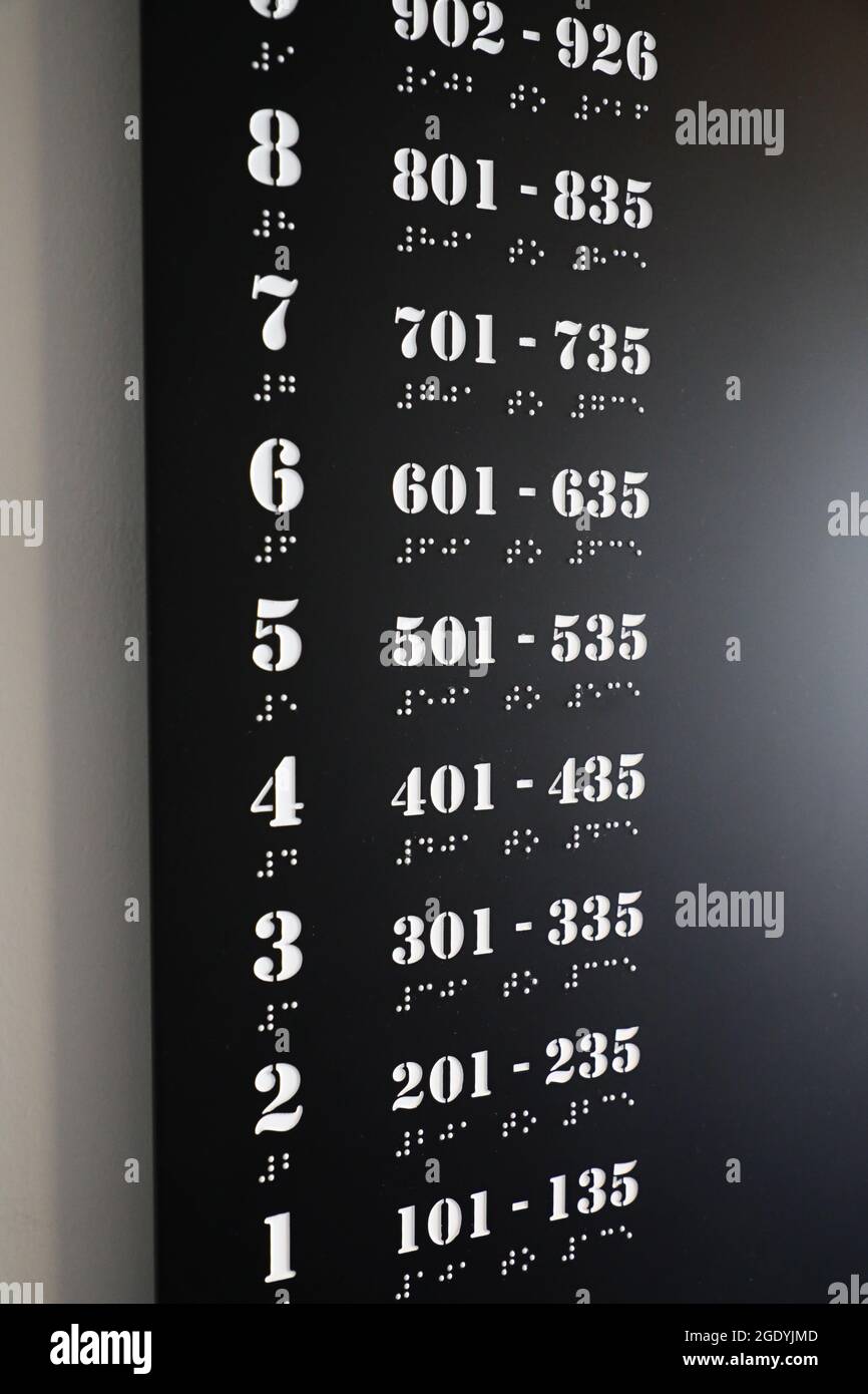 Signs in a hotel that refer to hotel rooms on different floors Stock ...