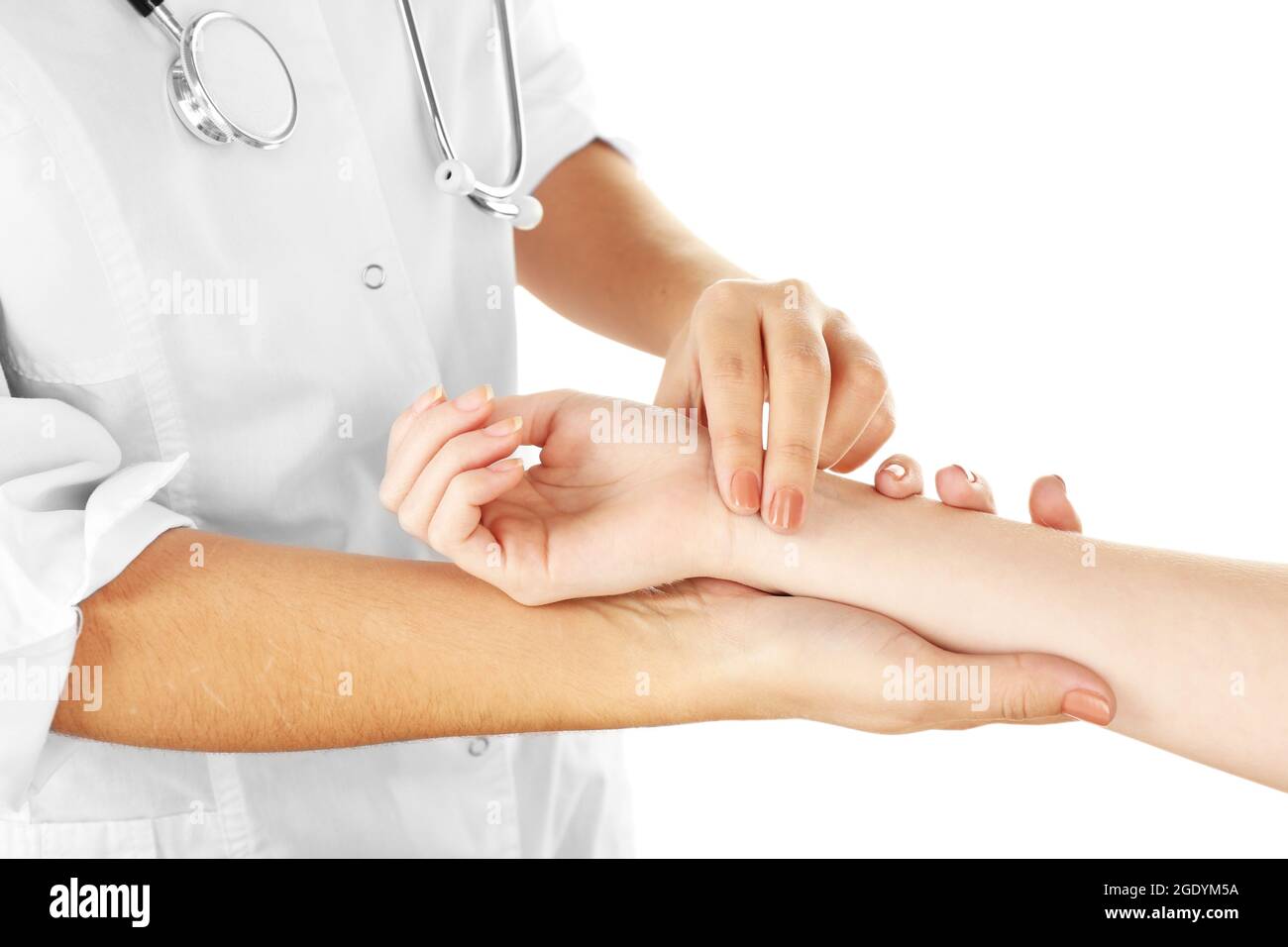 Checking pulse by hand isolated on white Stock Photo - Alamy