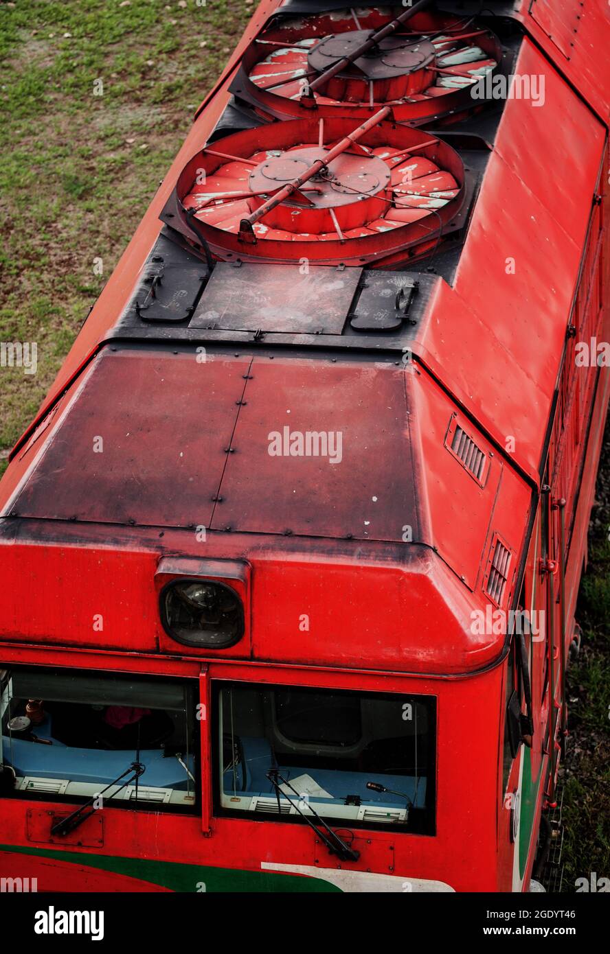 Red vintage industrial freight train. top view Stock Photo - Alamy