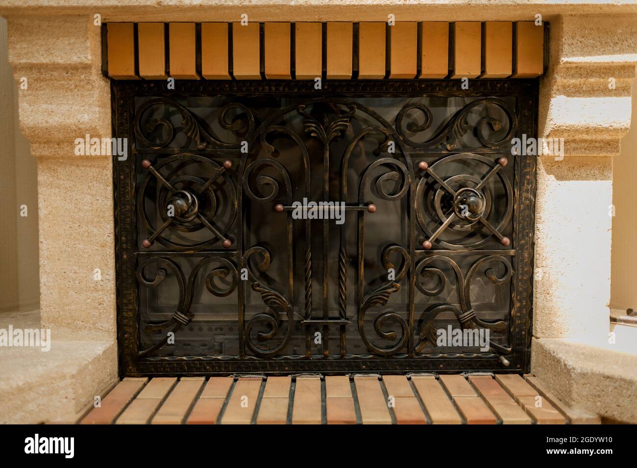 Horizontal photo of classic fireplace with bricks Stock Photo - Alamy