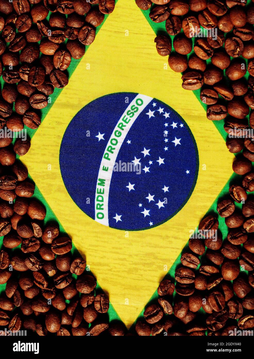 Aroma roasted coffee beans on flag of Brazil. arabica beans Stock Photo ...