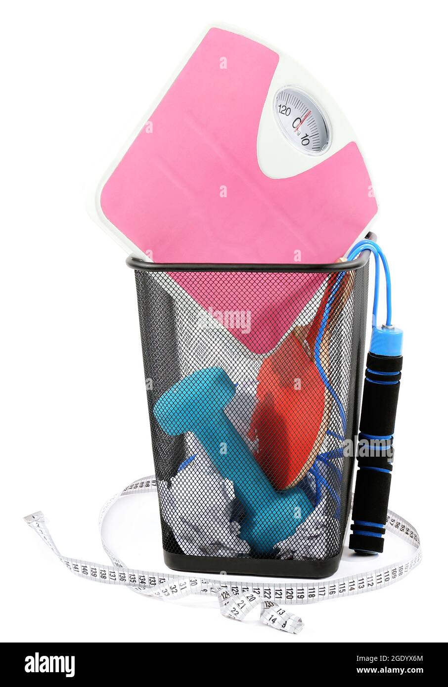 Metal trash bin with sport equipment, crumpled paper and weight scale ...
