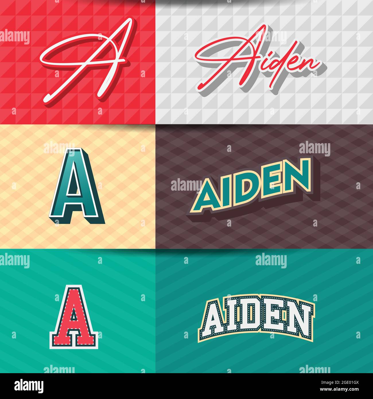 Male name Aiden in various Retro graphic design elements, set of vector ...