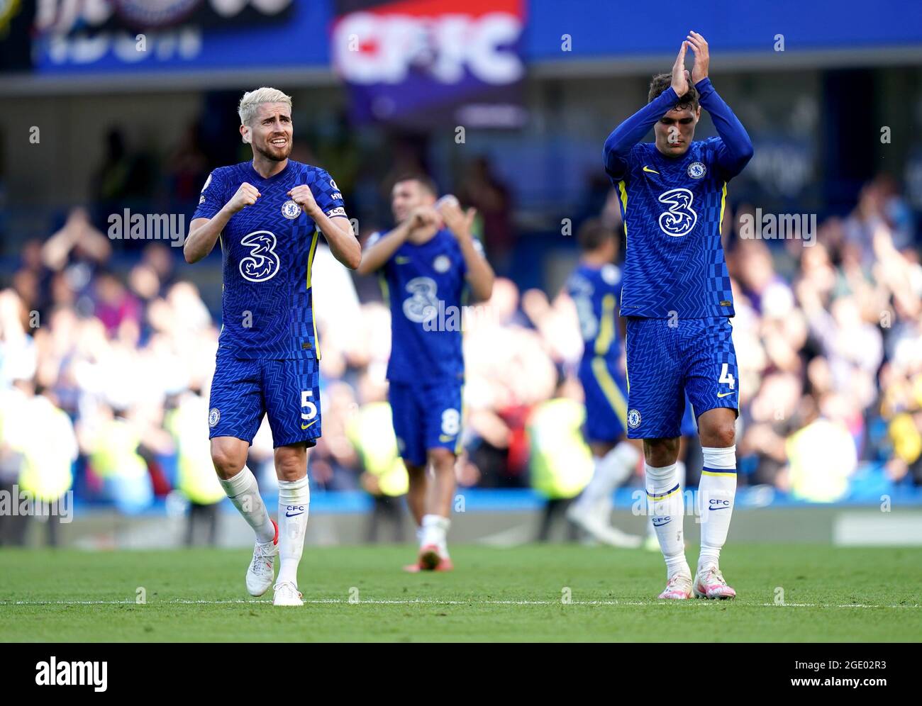 Chelsea's Jorginho (left) and Andreas Christensen applaud the fans at ...