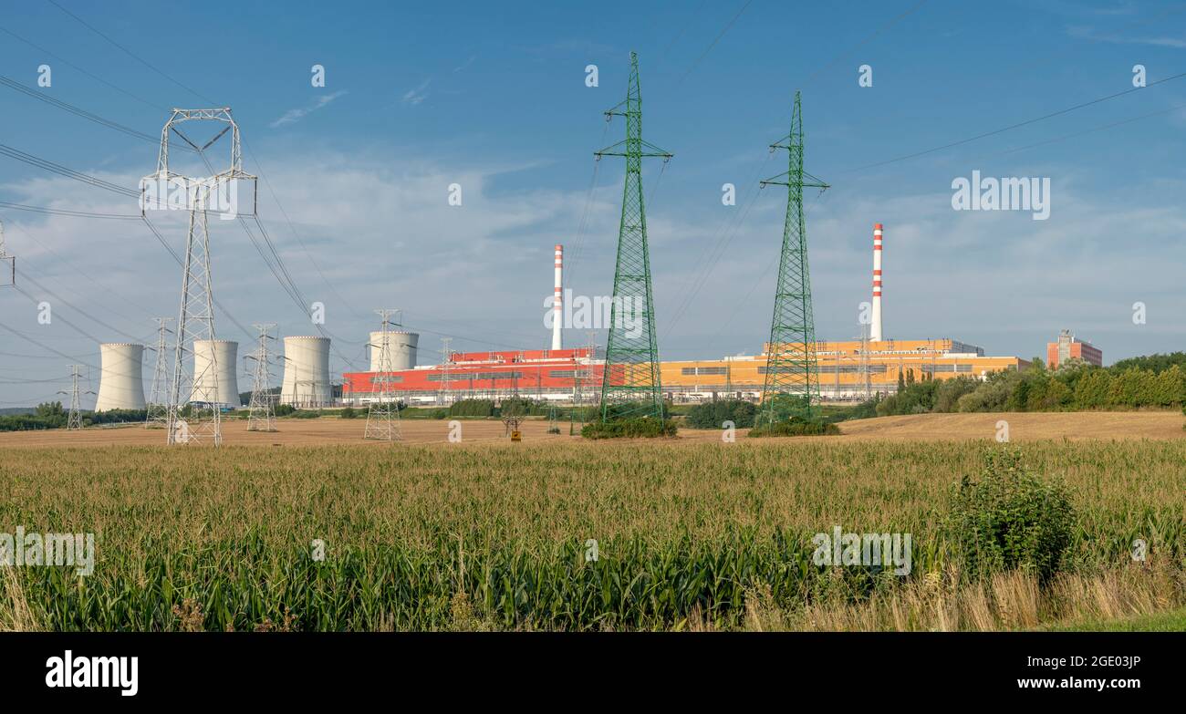 Nuclear power plant with field of Maize or Corn in front of it. Nuclear ...