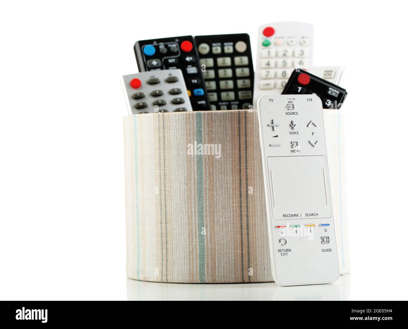 Many remote control devices in container isolated on white Stock Photo ...