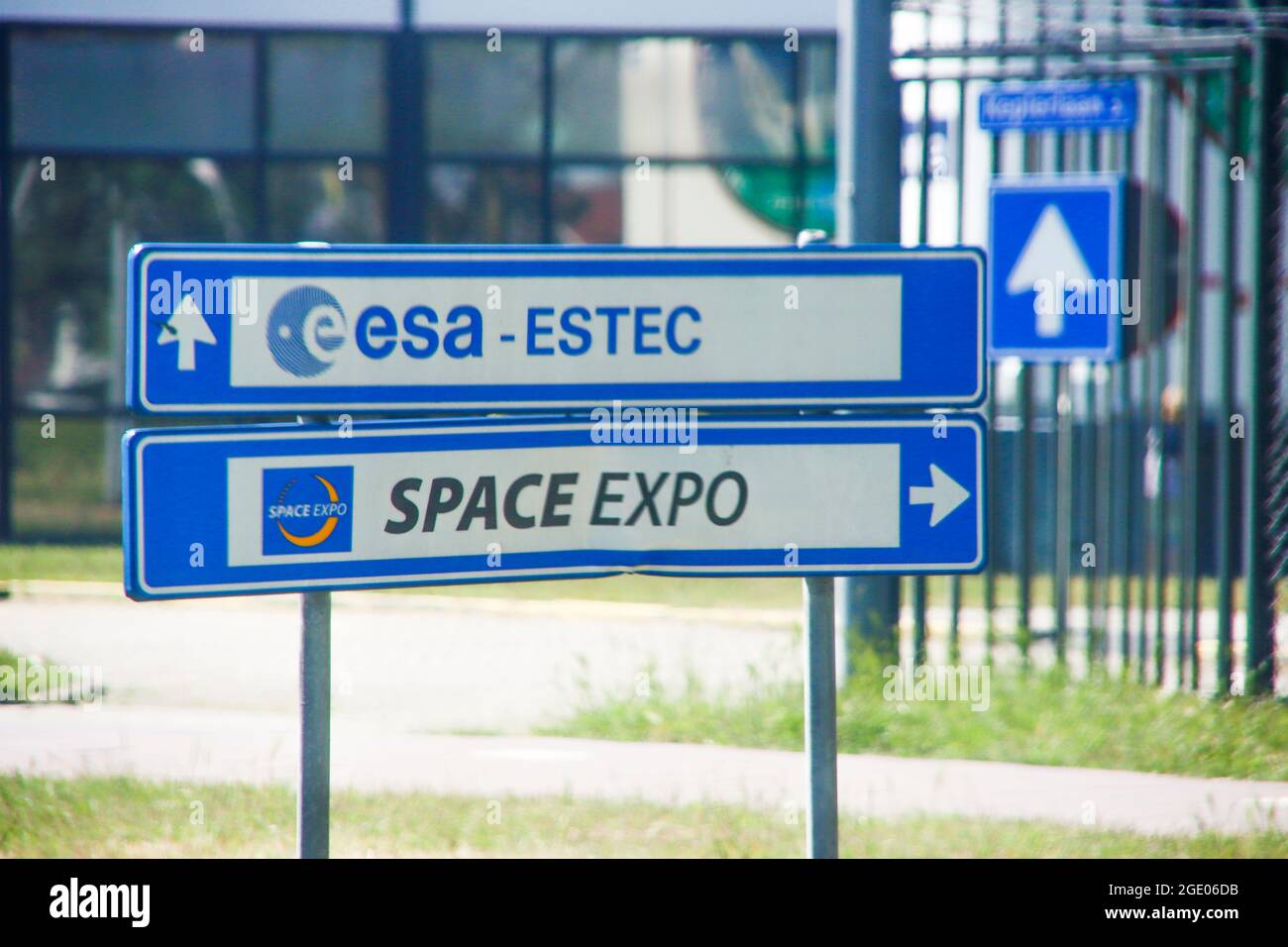 Direction sign to a Space Expo museum and ESA Estec space laboratory in ...