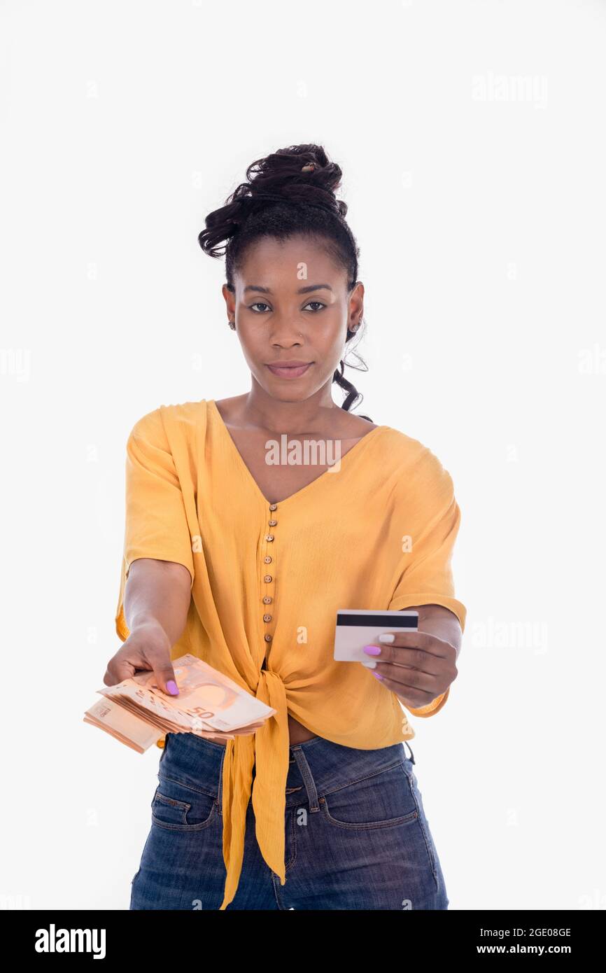 An afro-American charming woman suggesting cash money and credit card ...