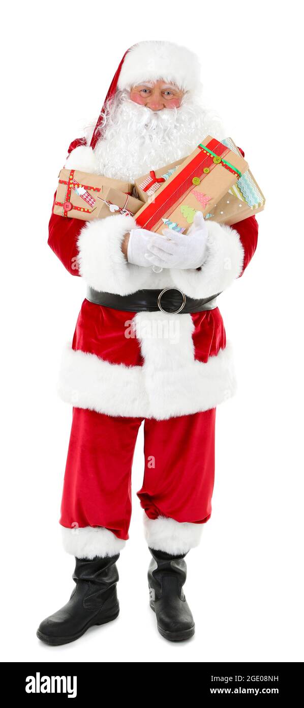 Santa Claus holding gift boxes isolated on white background Stock Photo ...