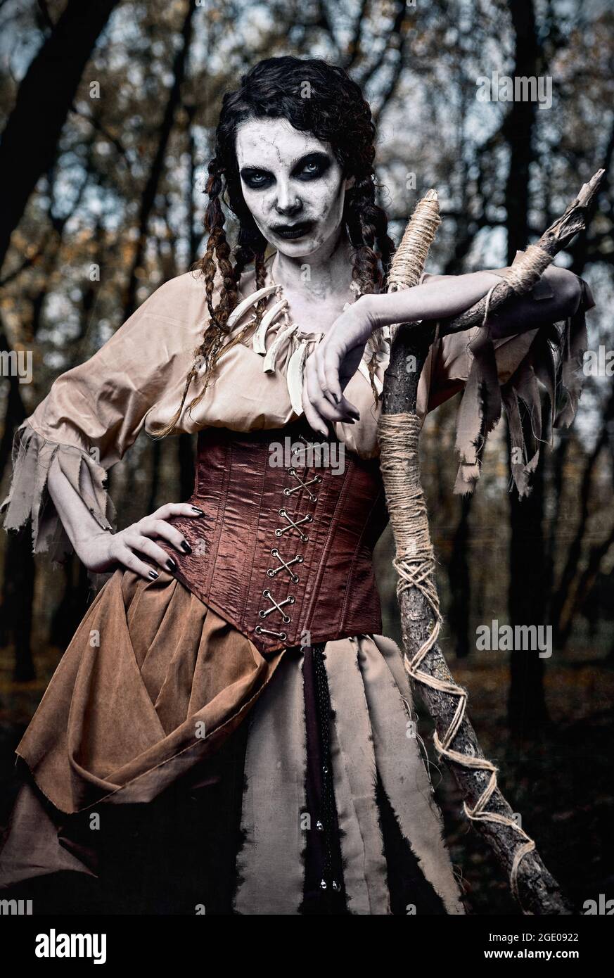 Halloween theme: ugly grim voodoo witch with staff. Portrait of the ...