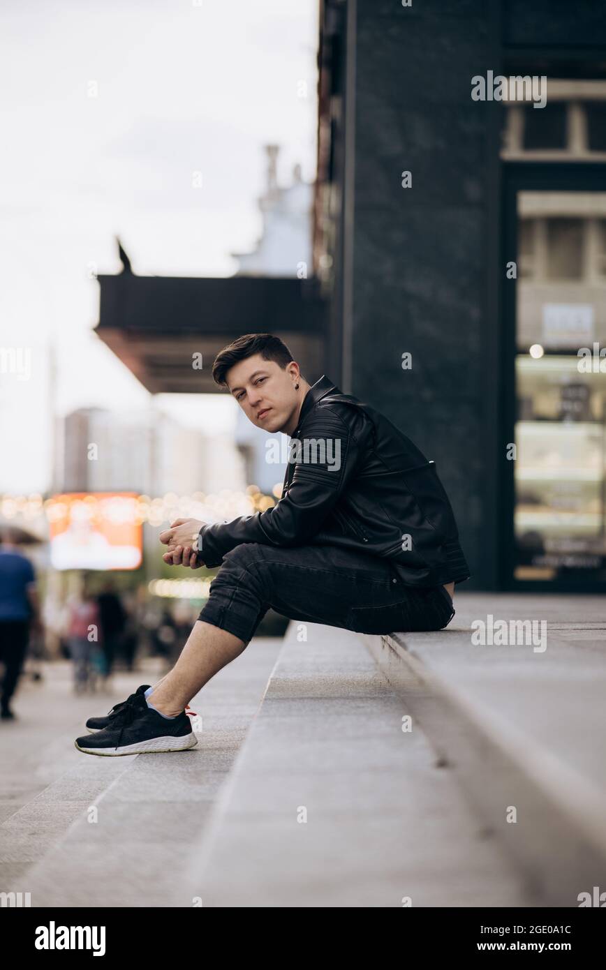 Portrait of man look around. Stylish clothing wear Stock Photo - Alamy