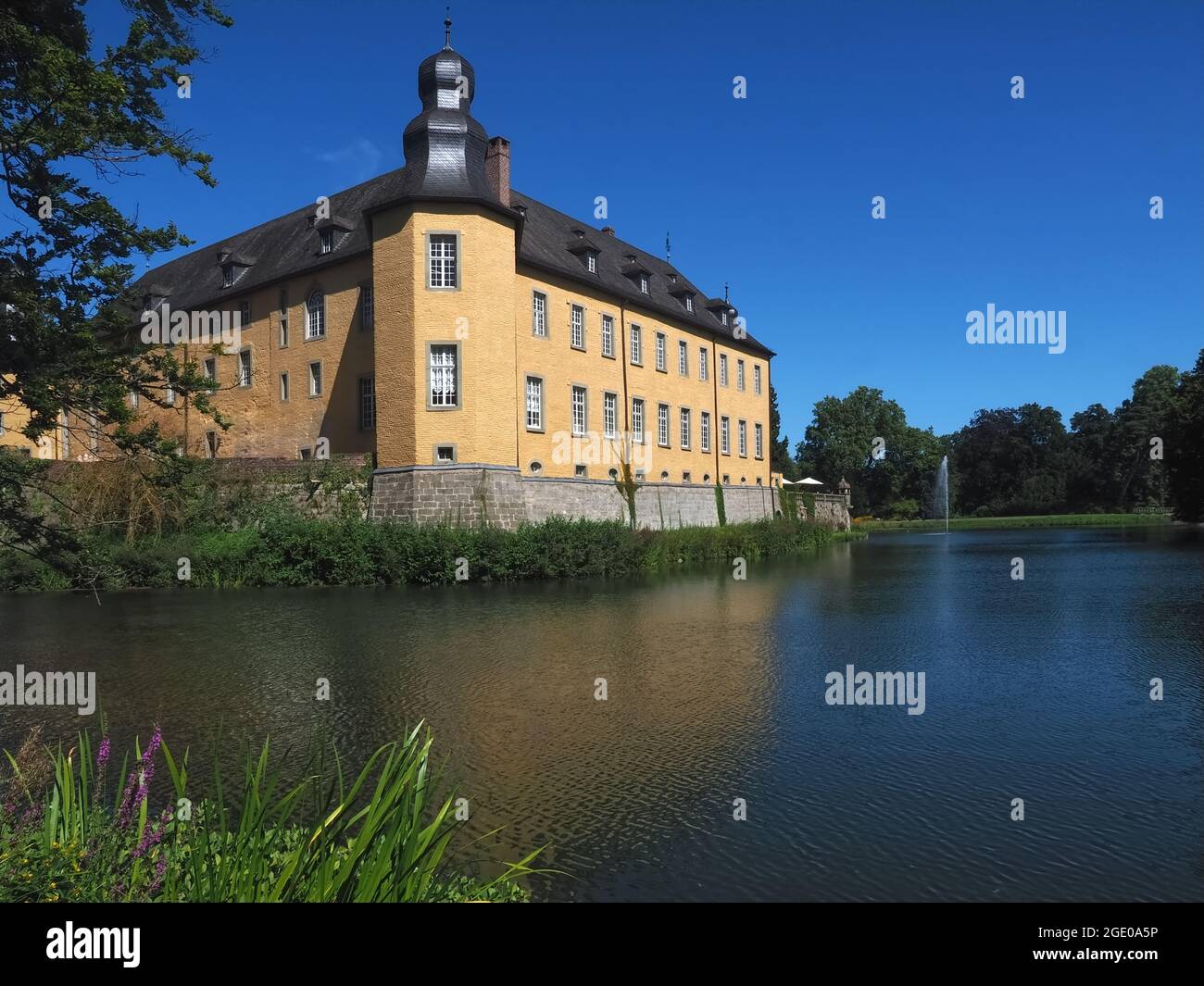Romantic yellow water castle Schloss Dyck in Juechen in Germany Stock ...