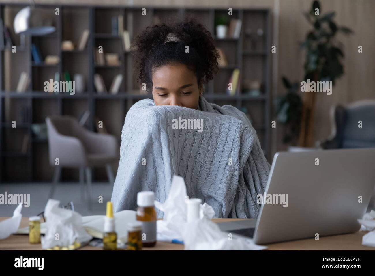 Unhealthy ethnic woman feel sick working on computer Stock Photo - Alamy