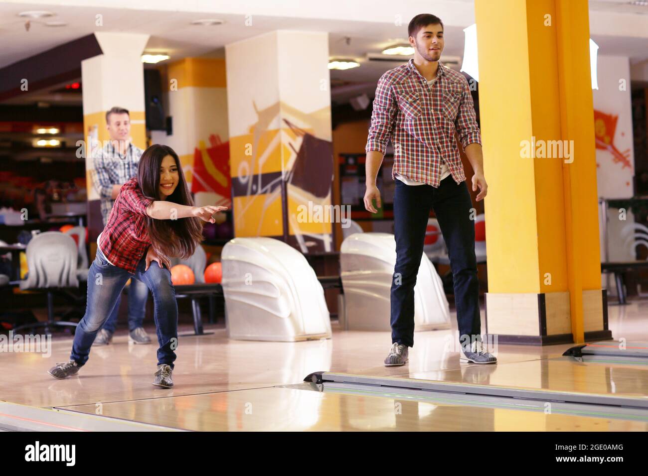 Group of friends in bowling club Stock Photo - Alamy