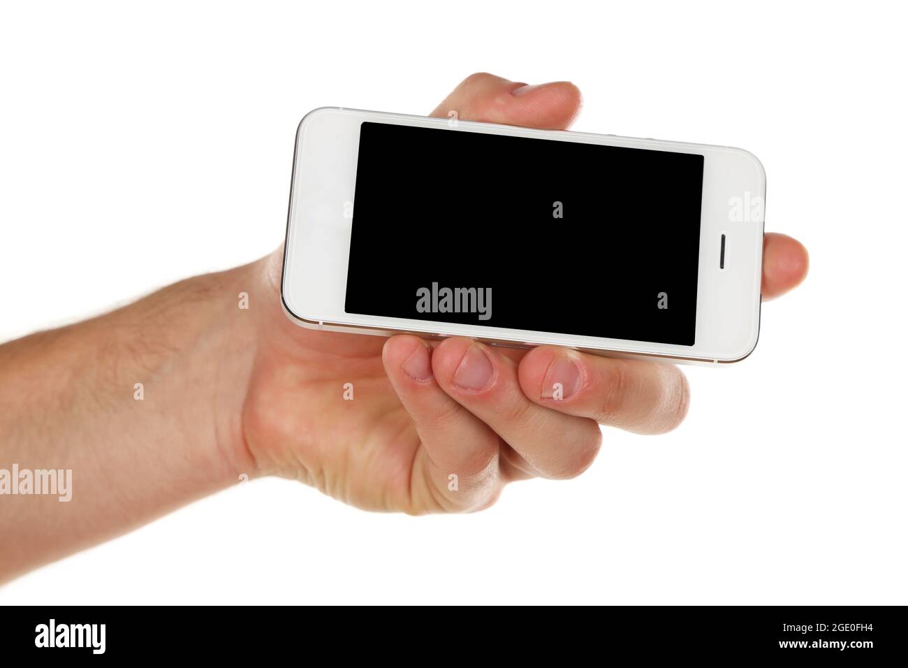 Hand holding mobile smart phone isolated on white Stock Photo - Alamy
