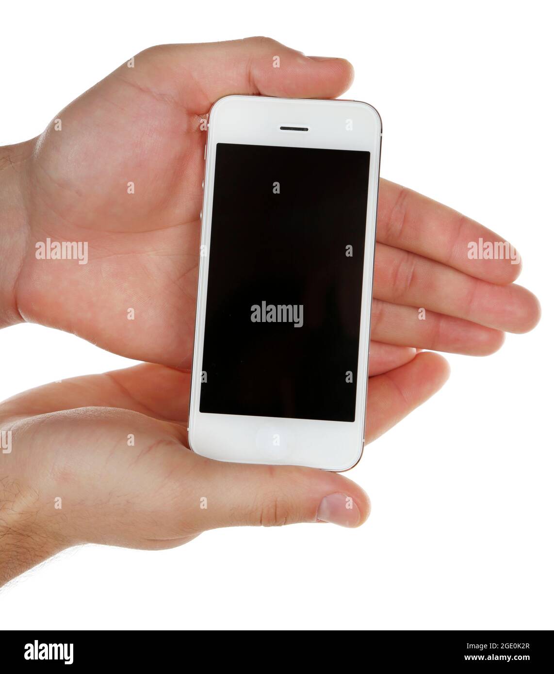Hands holding mobile smart phone isolated on white Stock Photo - Alamy